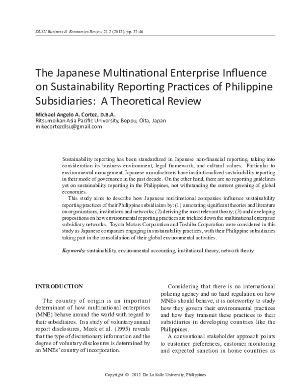 (PDF) The Japanese Multinational Enterprise Influence on Sustainability ...