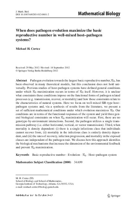 (PDF) When does pathogen evolution maximize the basic reproductive ...