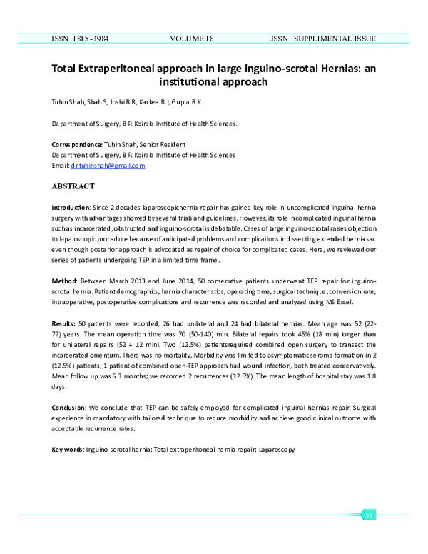 (PDF) Total extraperitoneal approach in large inguino-scrotal hernias ...