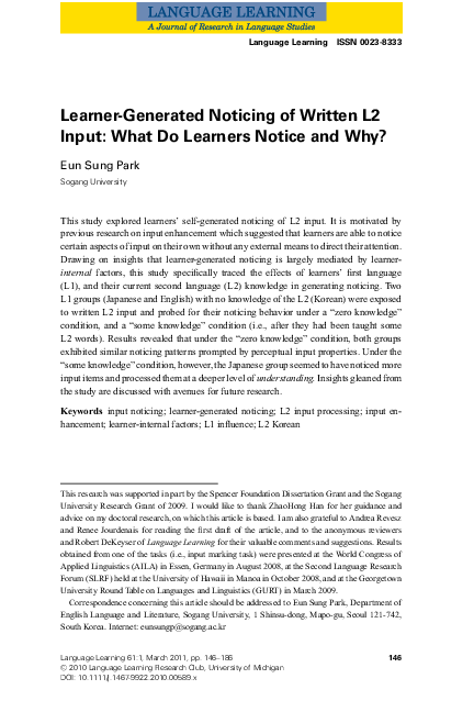 (PDF) Learner-Generated Noticing of Written L2 Input: What Do Learners ...