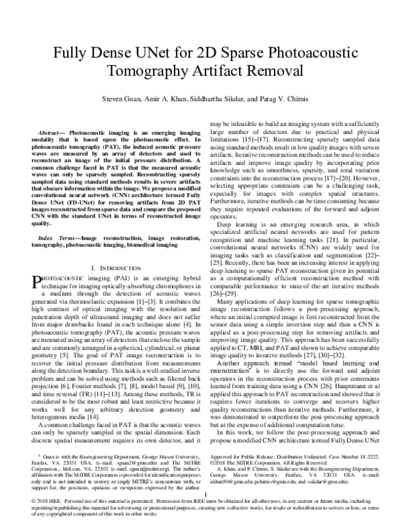 (PDF) Fully Dense UNet for 2-D Sparse Photoacoustic Tomography Artifact Removal