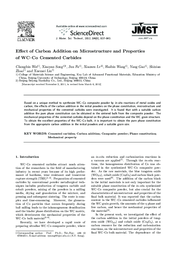 Pdf Effect Of Carbon Addition On Microstructure And Properties Of Wc Co Cemented Carbides