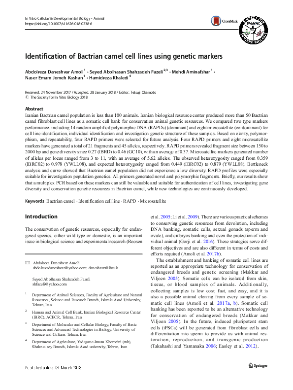 (PDF) Identification of Bactrian camel cell lines using genetic markers | Seyed Abolhassan ...