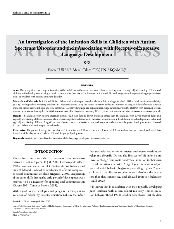(PDF) [An investigation of the imitation skills in children with autism ...