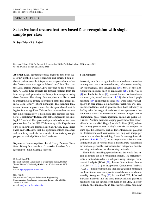 Pdf Selective Local Texture Features Based Face Recognition With