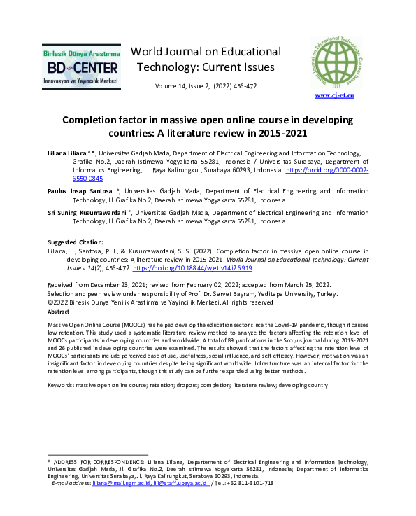 (PDF) Completion factor in massive open online course in developing countries: A literature ...