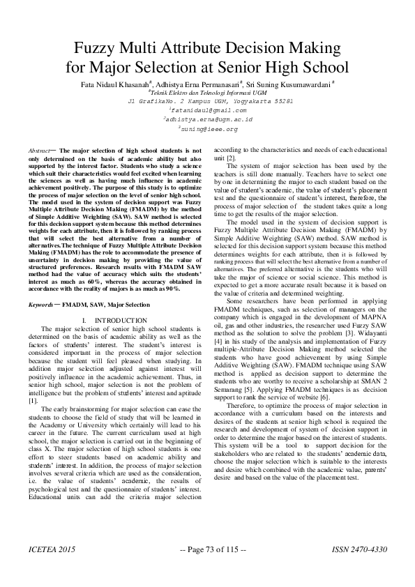Pdf Fuzzy Multi Attribute Decision Making For Major Selection At Senior High School
