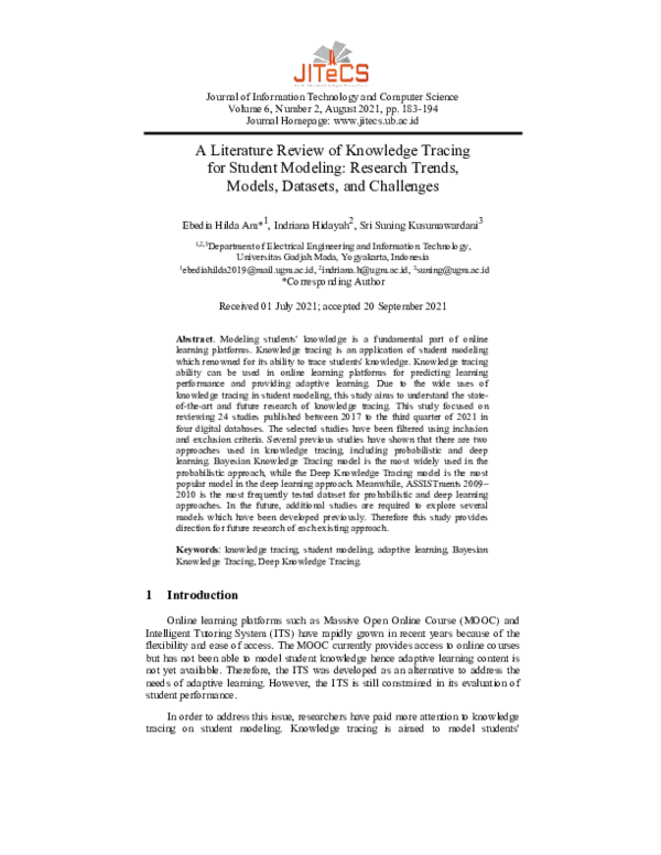 (PDF) A Literature Review of Knowledge Tracing for Student Modeling : Research Trends, Models ...