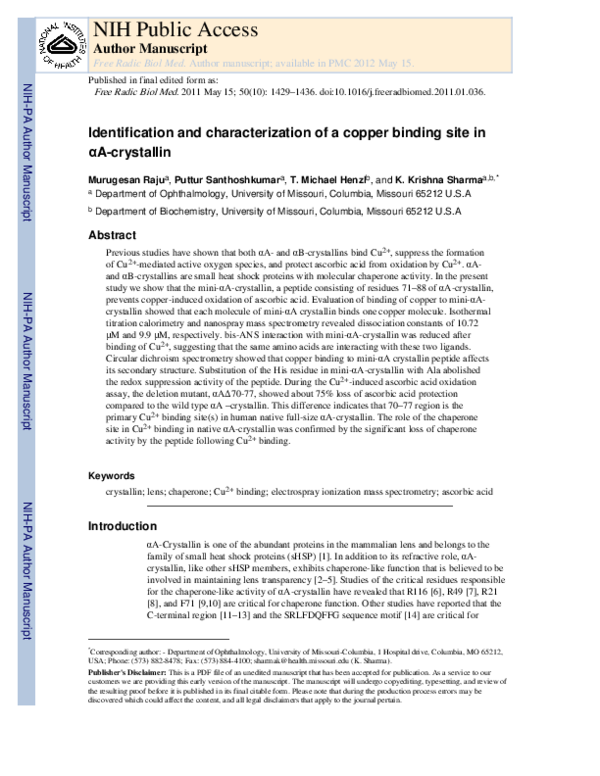 (PDF) Identification and characterization of a copper-binding site in ...