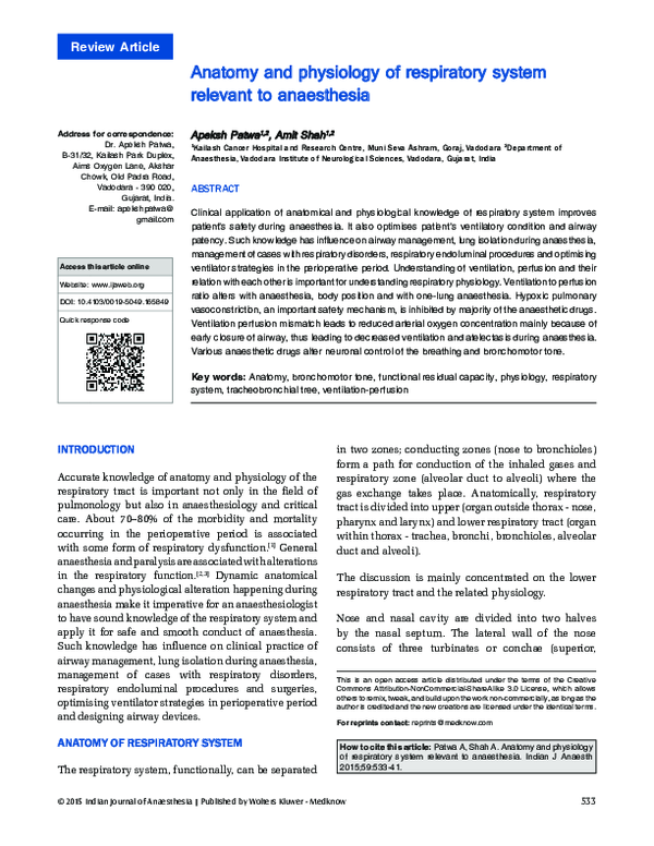 (PDF) Anatomy and physiology of respiratory system relevant to anaesthesia