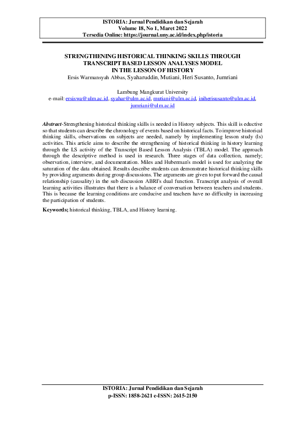 (PDF) Strengthening Historical Thinking Skills Through Transcript Based ...
