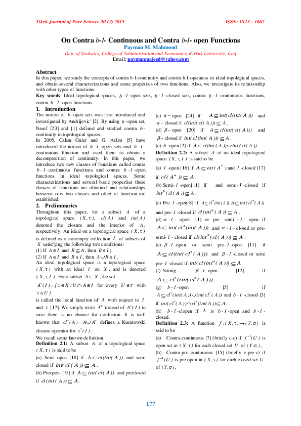 (PDF) On Contra b-I- Continuous and Contra b-I- open Functions