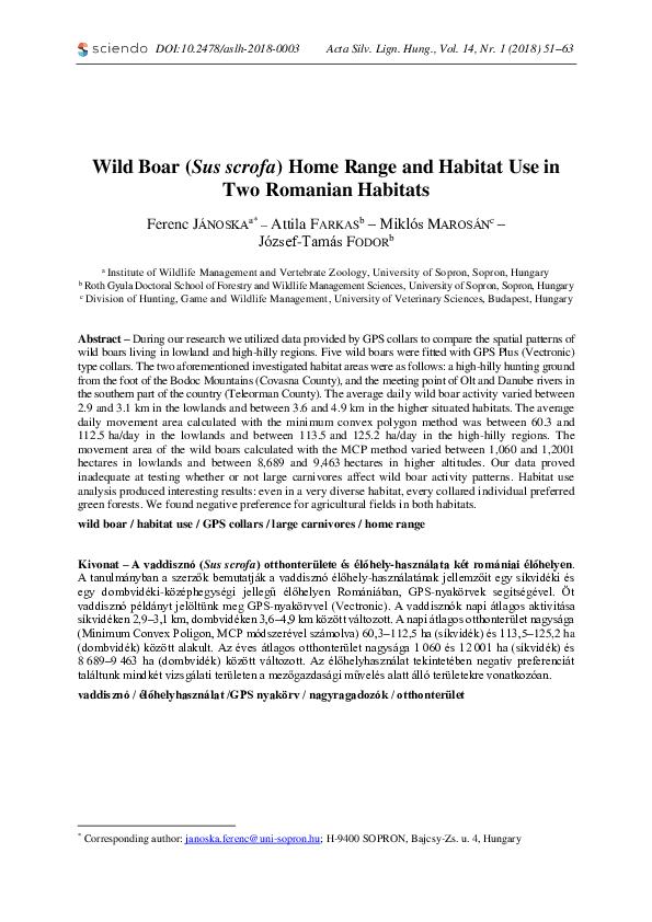 (PDF) Wild Boar (Sus scrofa) Home Range and Habitat Use in Two Romanian ...