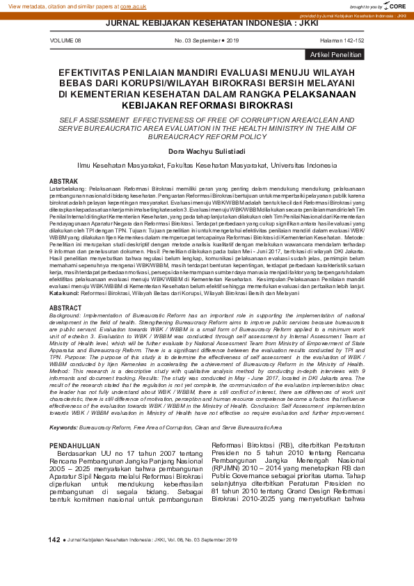 (PDF) Efektivitas Penilaian Mandiri Evaluasi Menuju Wilayah Bebas dari Korupsi/Wilayah Birokrasi ...