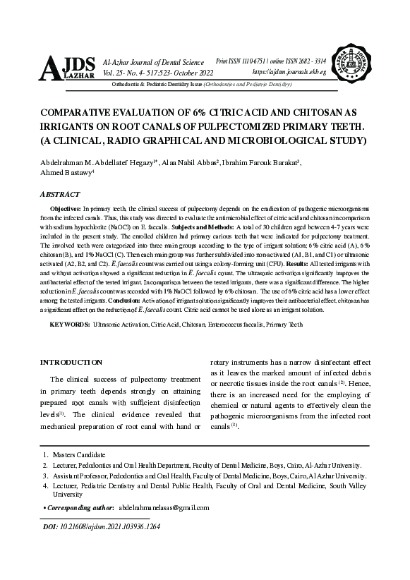 (PDF) Comparative Evaluation of 6% Citric acid and Chitosan as irrigants on root canals of ...