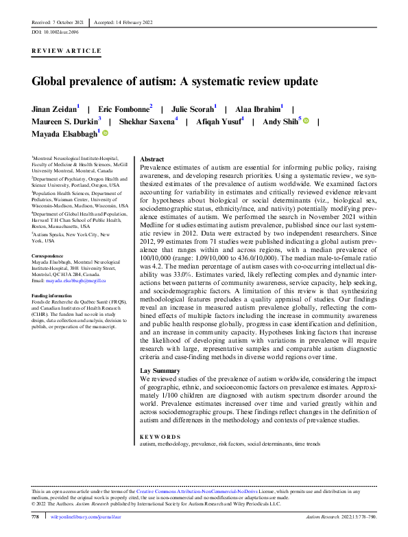 (PDF) Global prevalence of autism: A systematic review update