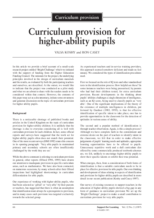 (PDF) Curriculum Provision for Higher-Ability Pupils