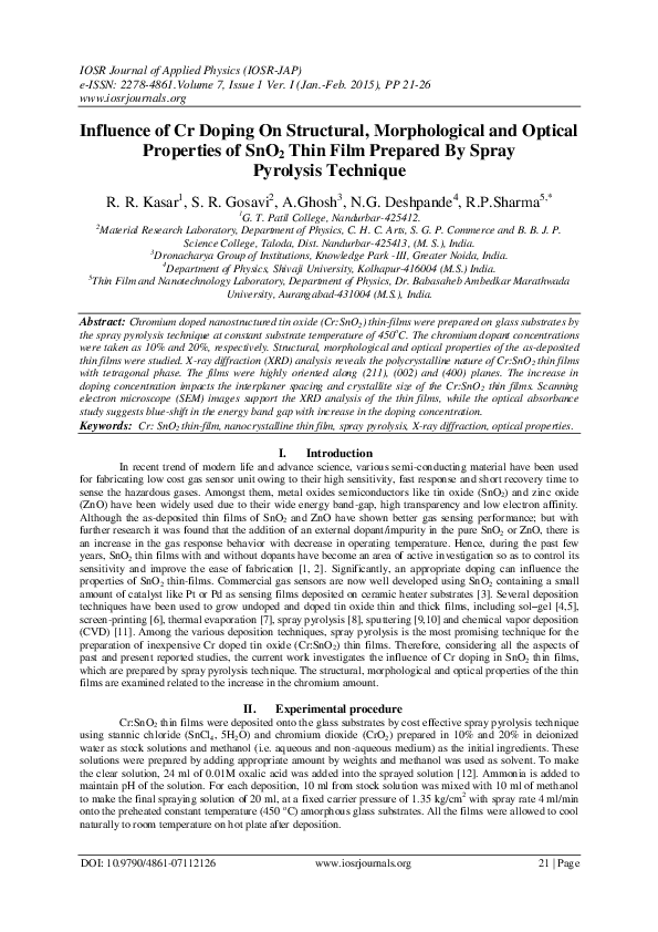 (PDF) Structural and Optical Properties of SnO2 Thin Film by Nebulizer Spray Pyrolysis Technique
