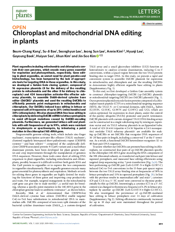 (PDF) Chloroplast and mitochondrial DNA editing in plants