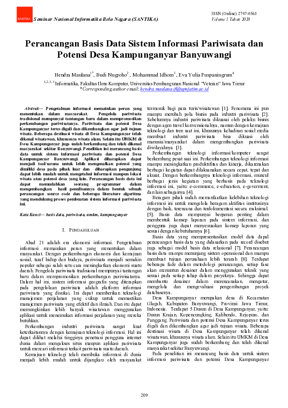 (PDF) Perancangan Basis Data Sistem Informasi Pariwisata dan Potensi Desa Kampunganyar Banyuwangi