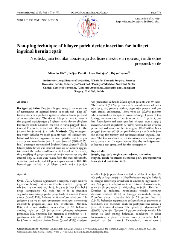 (PDF) Non-Plug Bilayer Patch Insertion for Indirect Hernia Repair