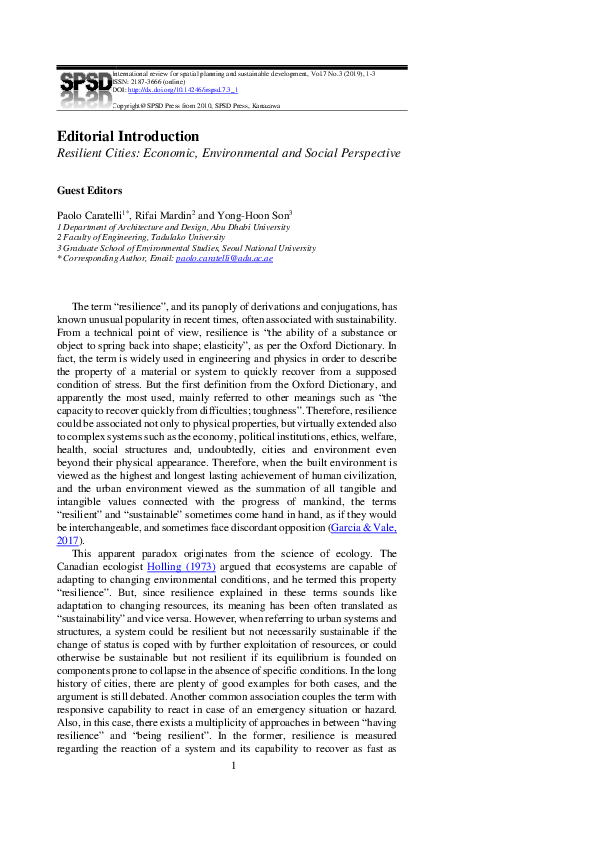 (PDF) Editorial Introduction: Resilient Cities: Economic, Environmental and Social Perspective