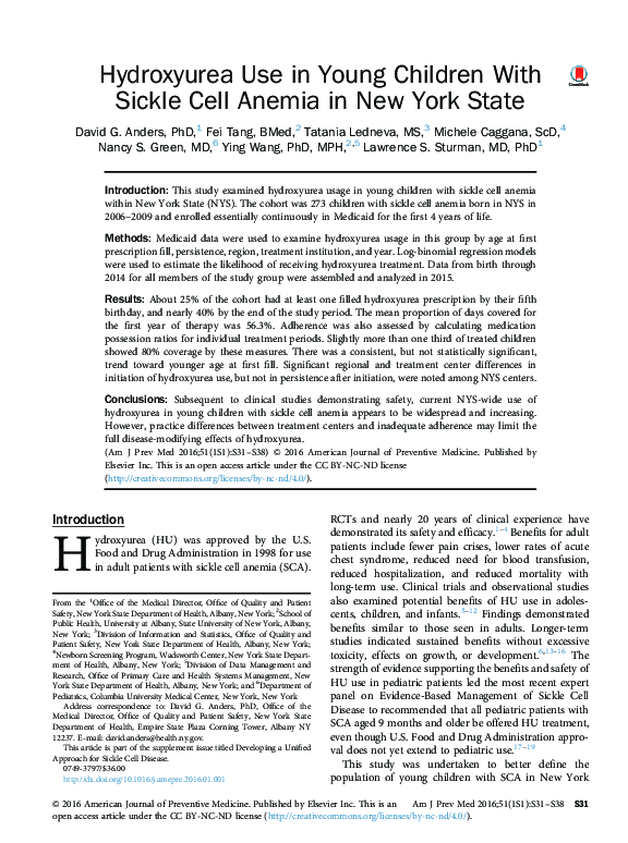 (PDF) Hydroxyurea Use in Young Children With Sickle Cell Anemia in New ...