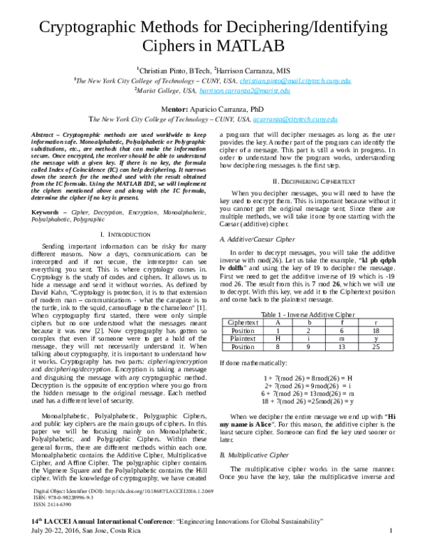 (PDF) Cryptographic Methods for Deciphering/Identifying Ciphers in MATLAB
