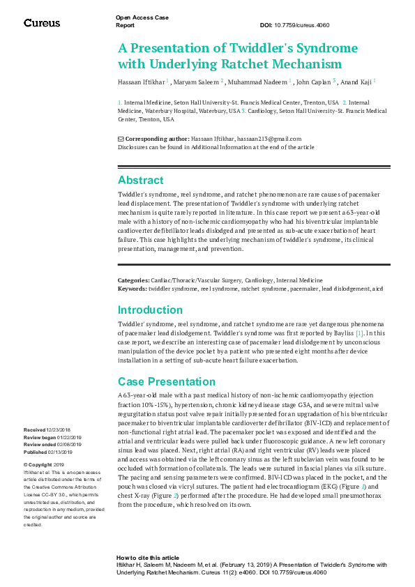 (PDF) A Presentation of Twiddler's Syndrome with Underlying Ratchet ...