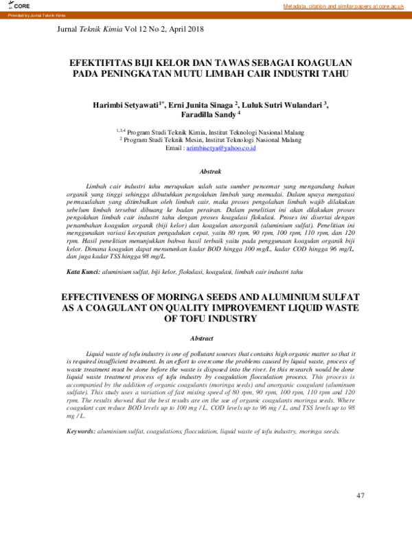 (PDF) Efektifitas Biji Kelor Dan Tawas Sebagai Koagulan Pada Peningkatan Mutu Limbah Cair ...