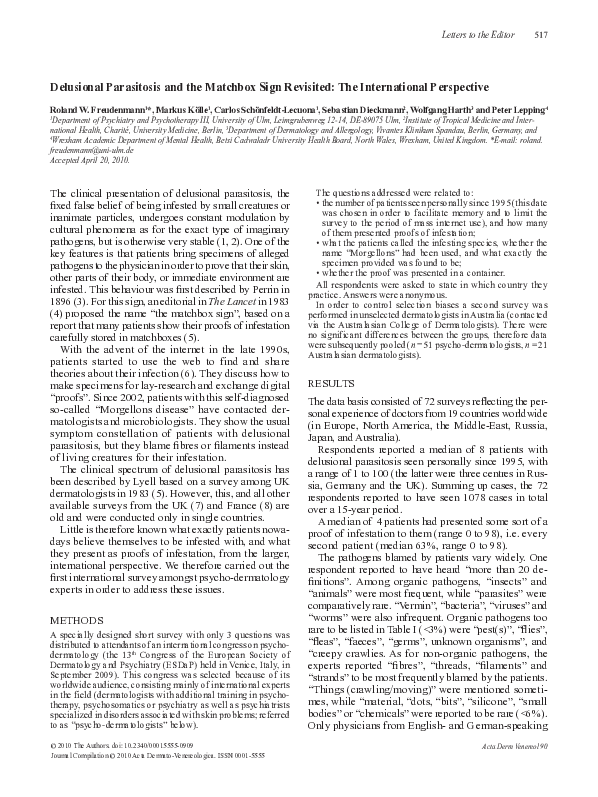 (PDF) Delusional Parasitosis and the Matchbox Sign Revisited: The ...