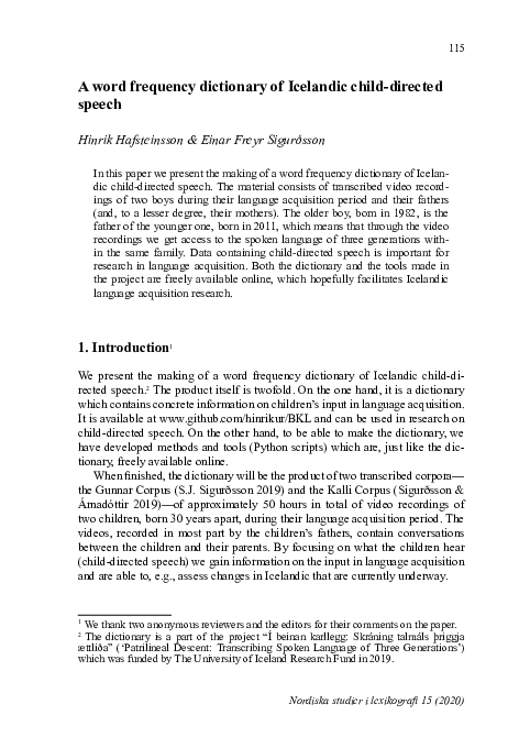 (PDF) A word frequency dictionary of Icelandic child-directed speech