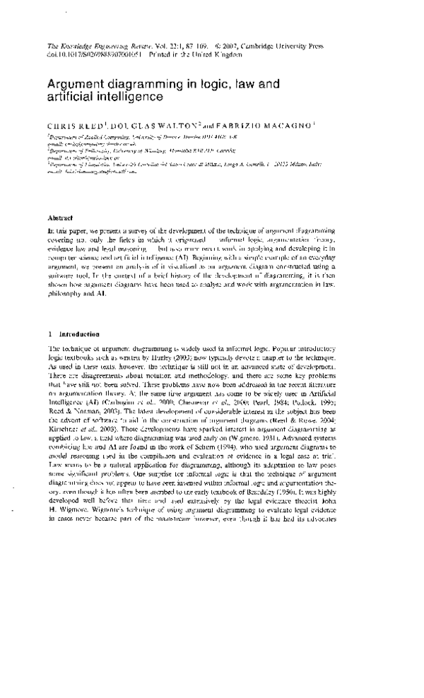 (PDF) Argument diagramming in logic, law and artificial intelligence