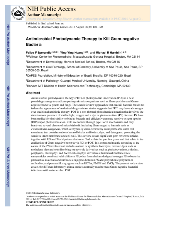(PDF) Antimicrobial photodynamic therapy to kill Gram-negative bacteria