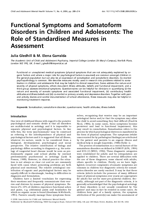 (PDF) Functional Symptoms and Somatoform Disorders in Children and ...