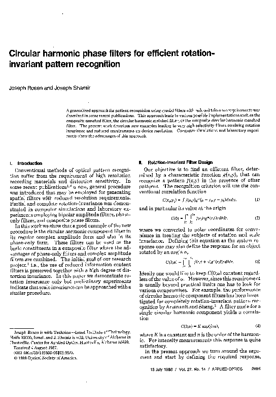 (PDF) Circular harmonic phase filters for efficient rotation-invariant pattern recognition