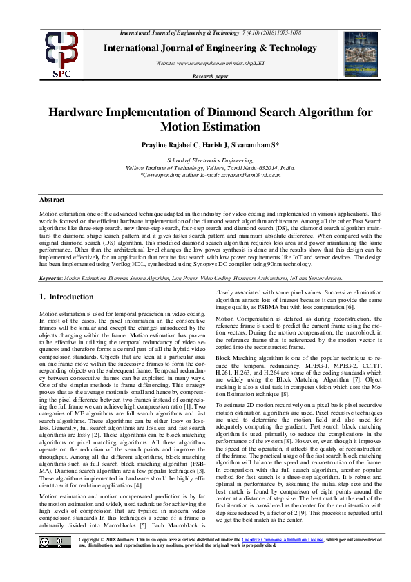 Pdf Hardware Implementation Of Diamond Search Algorithm For Motion Estimation