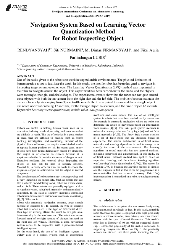 Pdf Navigation System Based On Learning Vector Quantization Method For Robot Inspecting Object 