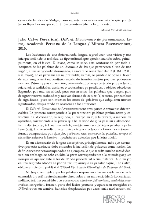 (PDF) Julio Calvo Pérez (dir.), DiPerú. Diccionario de peruanismos ...