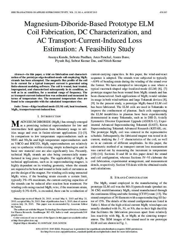 (PDF) Magnesium-Diboride-Based Prototype ELM Coil Fabrication, DC Characterization, and AC ...