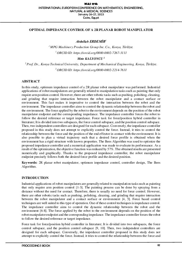 (PDF) Optimal Impedance Control of A 2R Planar Robot Manipulator