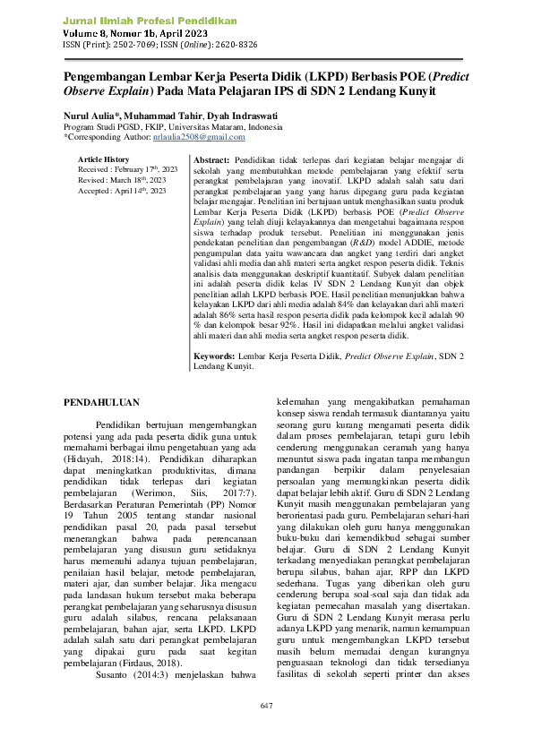 (PDF) Pengembangan Lembar Kerja Peserta Didik (LKPD) Berbasis POE (Predict Observe Explain) Pada ...