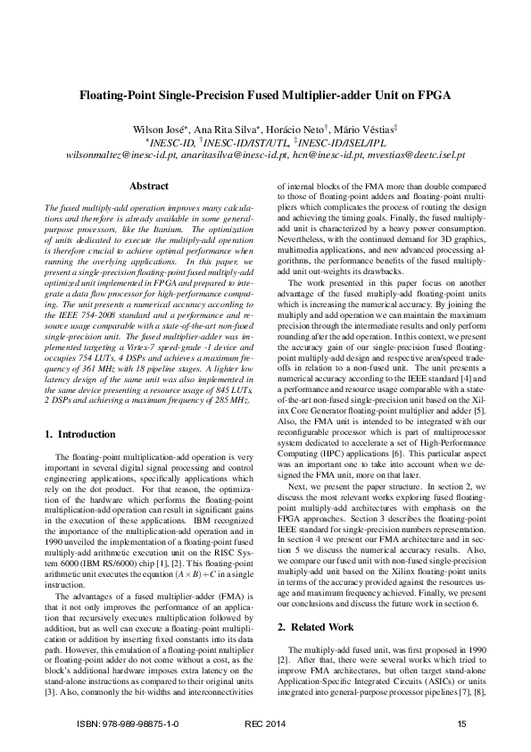 Pdf Floating Point Single Precision Fused Multiplier Adder Unit On Fpga