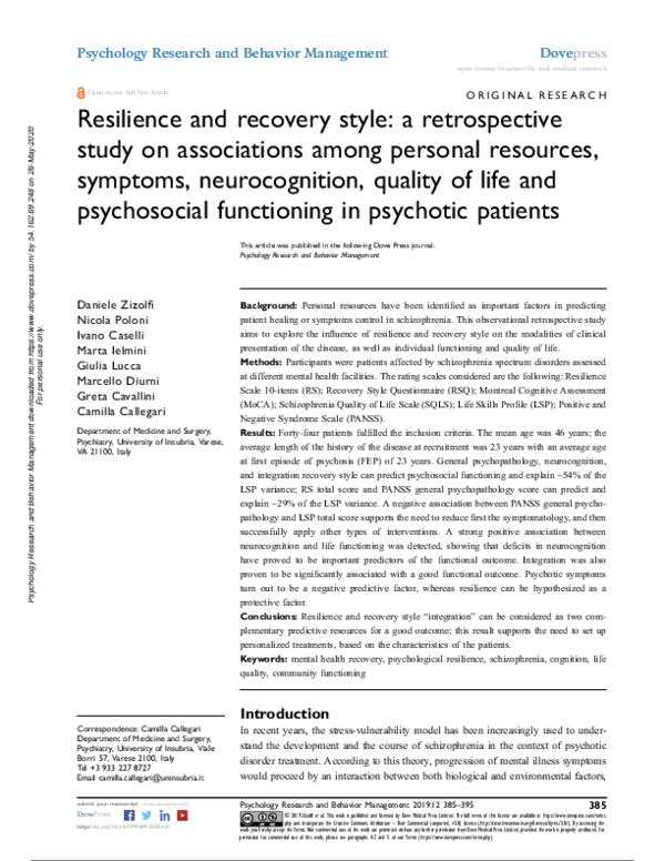 (PDF) Resilience and recovery style: a retrospective study on ...