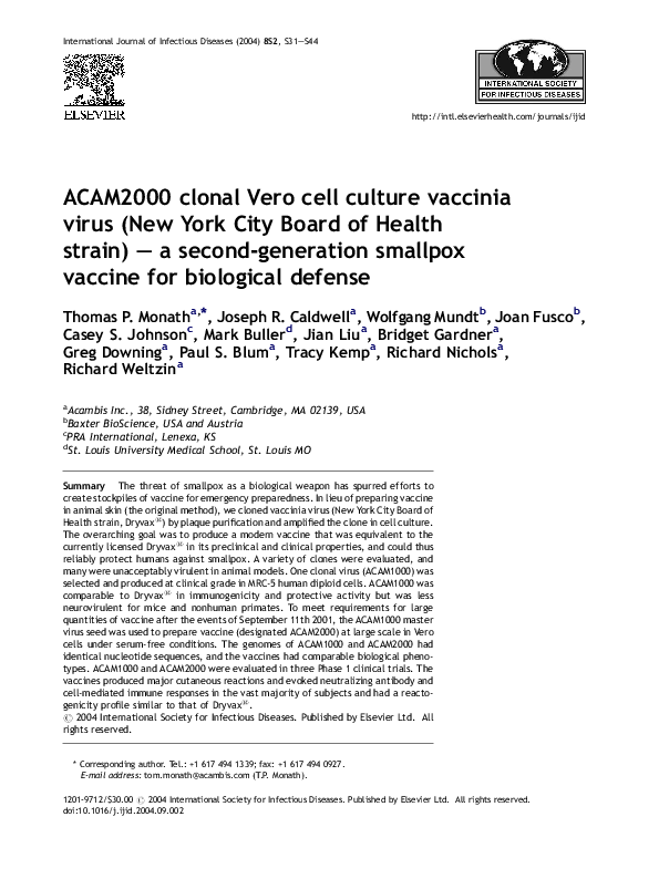 (PDF) ACAM2000 clonal Vero cell culture vaccinia virus (New York City ...