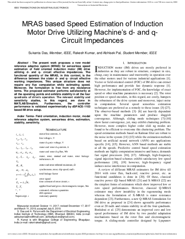 (PDF) MRAS-Based Speed Estimation of Induction Motor Drive Utilizing ...