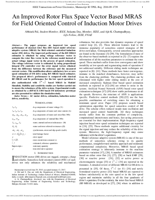 Pdf An Improved Rotor Flux Space Vector Based Mras For Field Oriented Control Of Induction