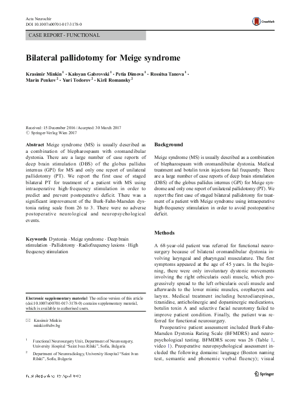 (PDF) Bilateral pallidotomy for Meige syndrome