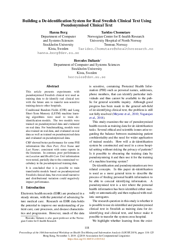 Pdf Building A De Identification System For Real Swedish Clinical Text Using Pseudonymised