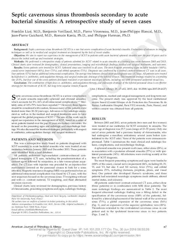 (PDF) Septic cavernous sinus thrombosis secondary to sinusitis: are ...